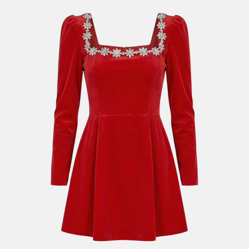 Mini Dress - Bejeweled Square Neckline Long Sleeve – Loucelia