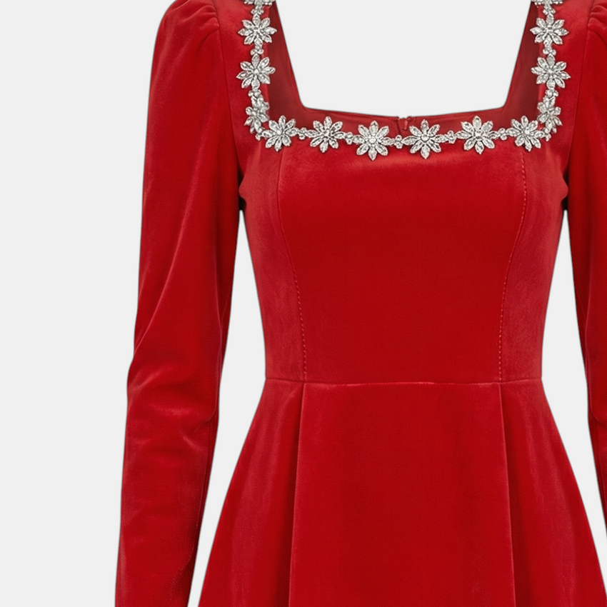 Mini Dress - Bejeweled Square Neckline Long Sleeve – Loucelia