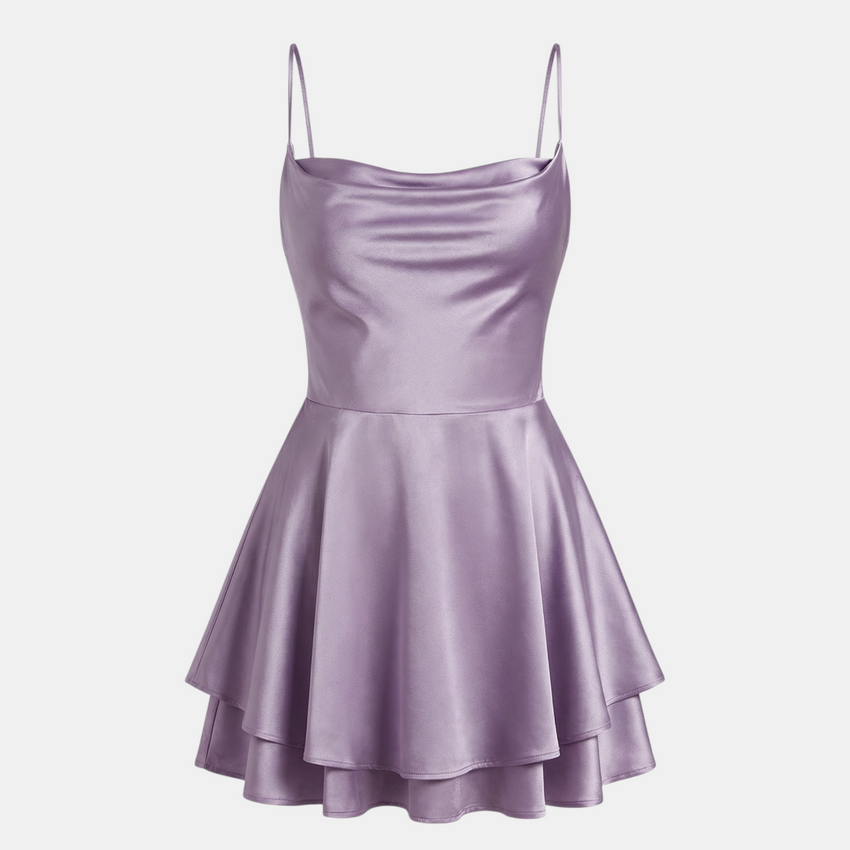 Satin Dress Cowl Neck Tiered Mini Dress For Women – Loucelia